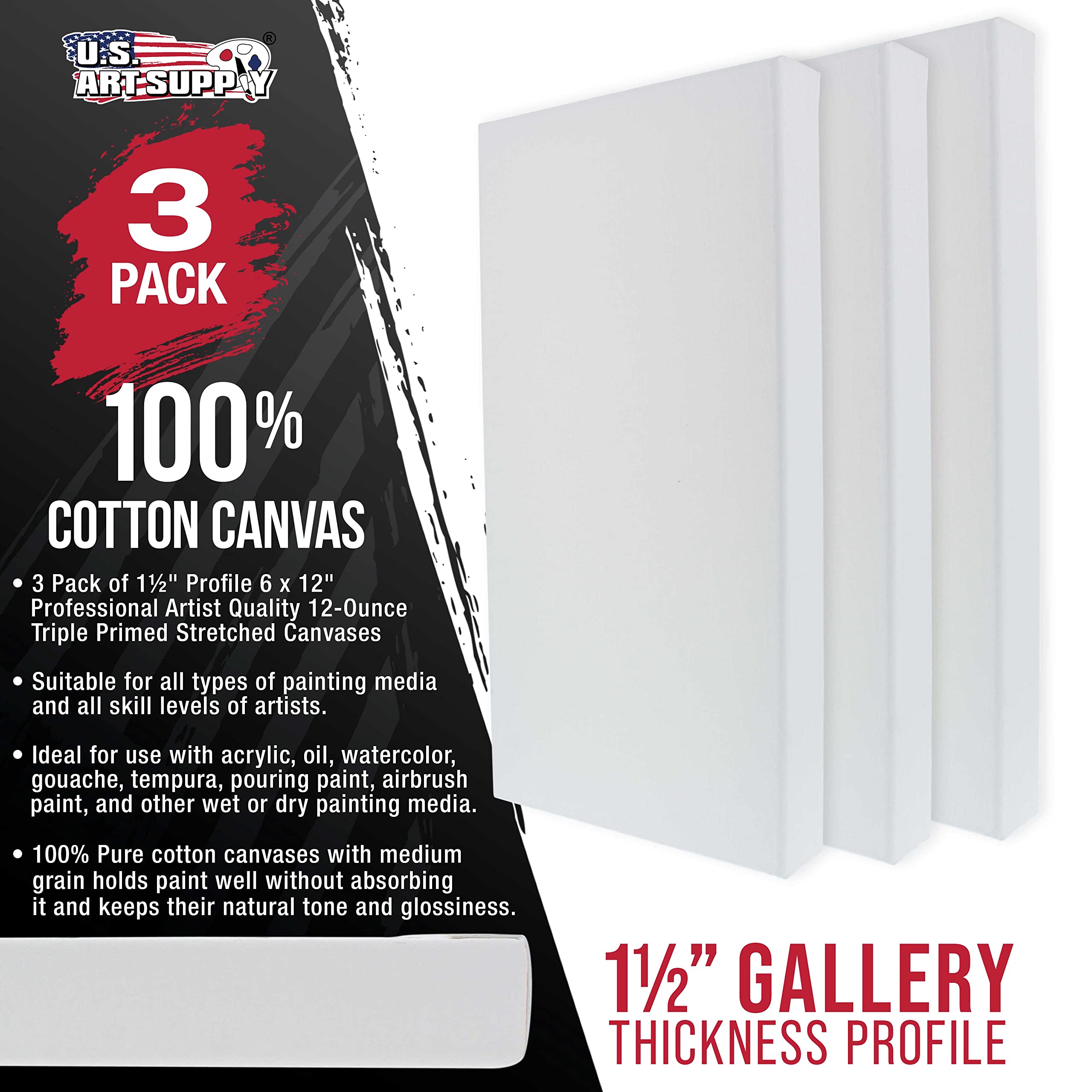 U.S. Art Supply Long Stretched Canvas for Painting 6x12 inch Gallery Depth 1-1/2" Thick, 3-Pack - 12oz Acrylic Gesso Triple Primed, Professional Artist Quality, 100% Cotton - Pouring, Oil Paint