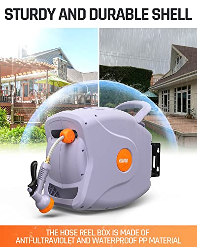 FIILPOW 1/2 Inch 100 FT Retractable Garden Hose Reel, Slow & Safe Return System, Water Hose Reel with Brass Connector, Double Lock Design, 8 Patterns Nozzle, 180° Swivel for Garden Watering