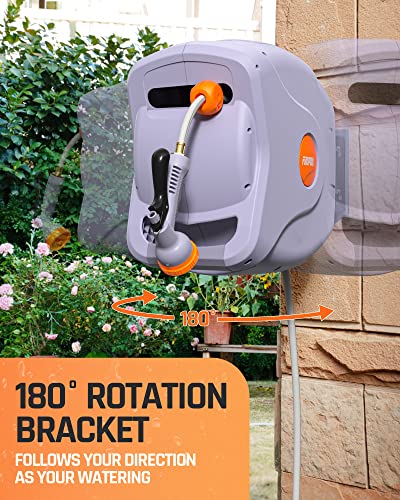 FIILPOW 1/2 Inch 100 FT Retractable Garden Hose Reel, Slow & Safe Return System, Water Hose Reel with Brass Connector, Double Lock Design, 8 Patterns Nozzle, 180° Swivel for Garden Watering