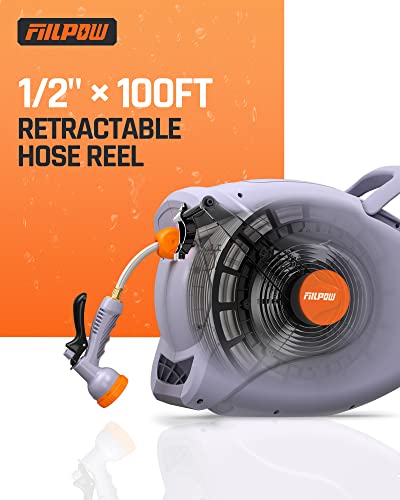 FIILPOW 1/2 Inch 100 FT Retractable Garden Hose Reel, Slow & Safe Return System, Water Hose Reel with Brass Connector, Double Lock Design, 8 Patterns Nozzle, 180° Swivel for Garden Watering