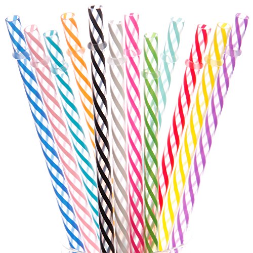 Dakoufish 12 Piece 11 Inch Reusable Plastic Thick Drinking Straws BPA Free Mason Jar Straws Transparent Small Stripe (11inch, Mix 12color)