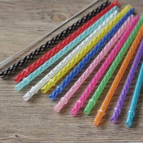 Dakoufish 12 Piece 11 Inch Reusable Plastic Thick Drinking Straws BPA Free Mason Jar Straws Transparent Small Stripe (11inch, Mix 12color)