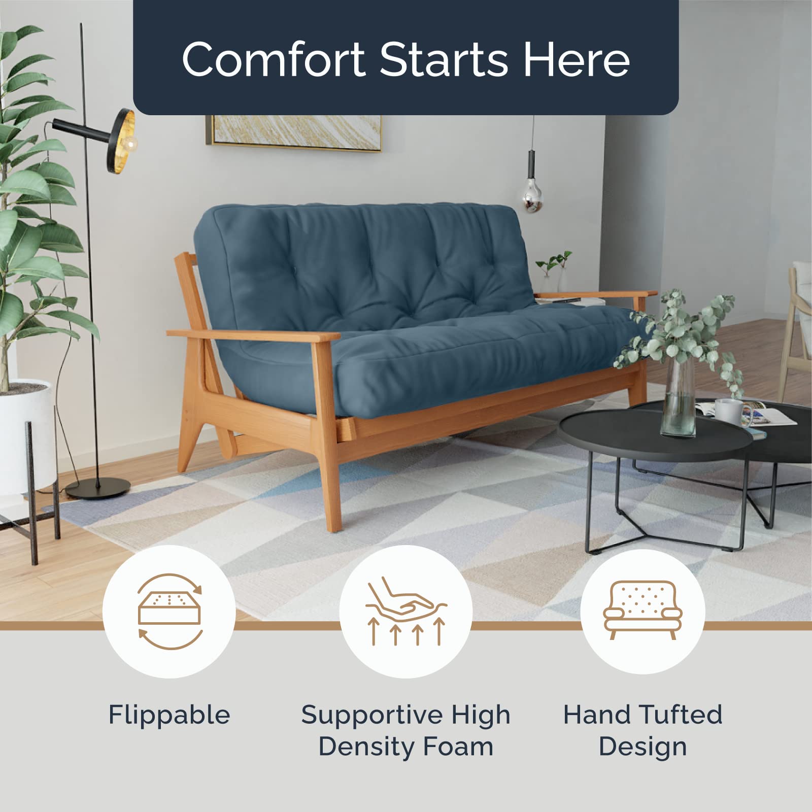 Loosh Home | 8" Full Size Futon Sofa Bed Memory Foam Mattress - USA Made, Mineral Blue, No Frame
