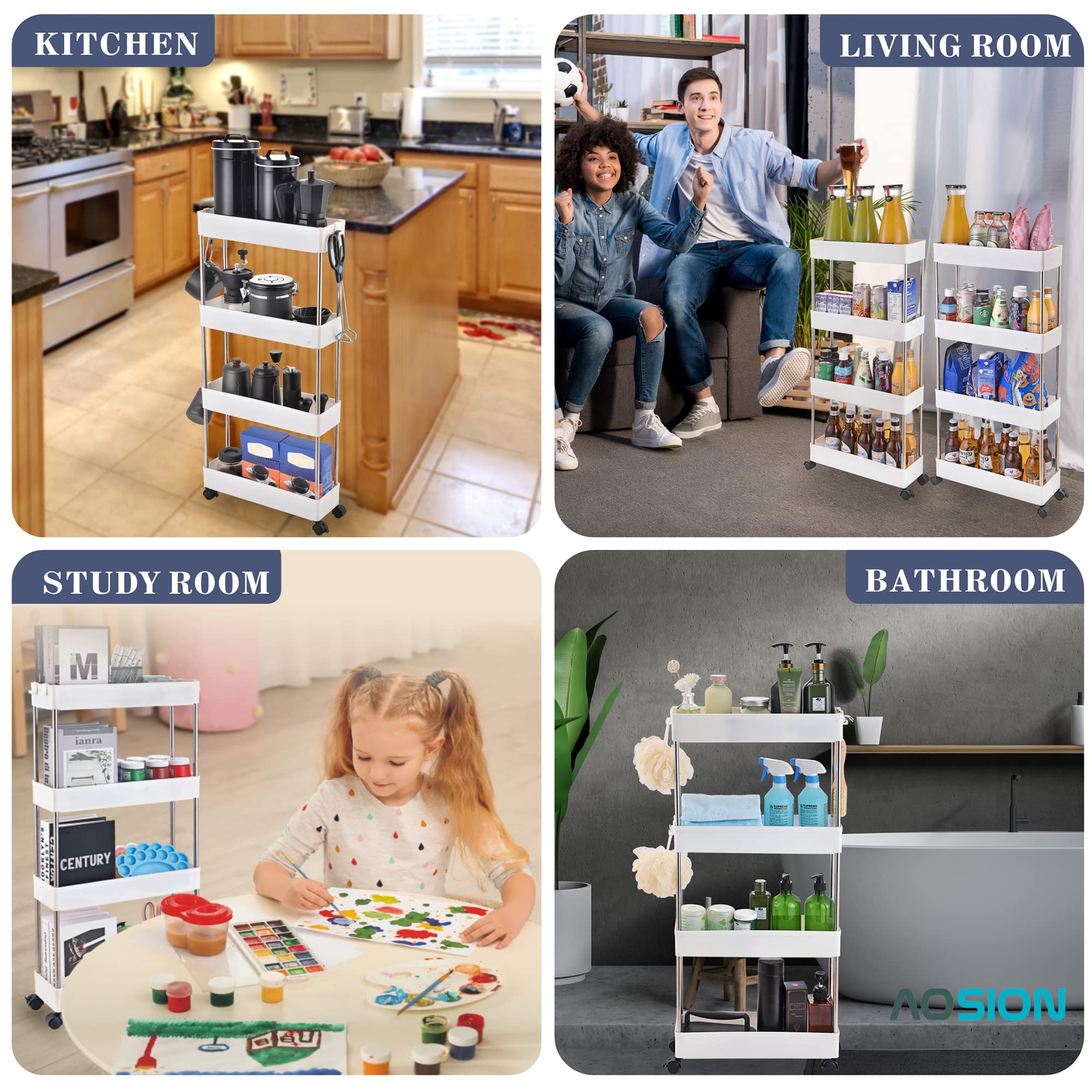 AOSION Slim Storage Cart with Wheels, White, 5.1in Width, 4-Tier Kitchen Storage Organizer, Waterproof and Rust-Proof