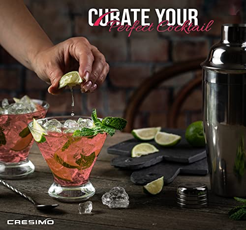 24oz Cocktail Shaker Set Bartender Kit with 2 Stemless Martini Glasses - The Perfect Mixology Home Bar Set Gift - Large Drink Mixer and Bar Accessories: Jigger, Bar Spoon and Martini Glasses - Cresimo