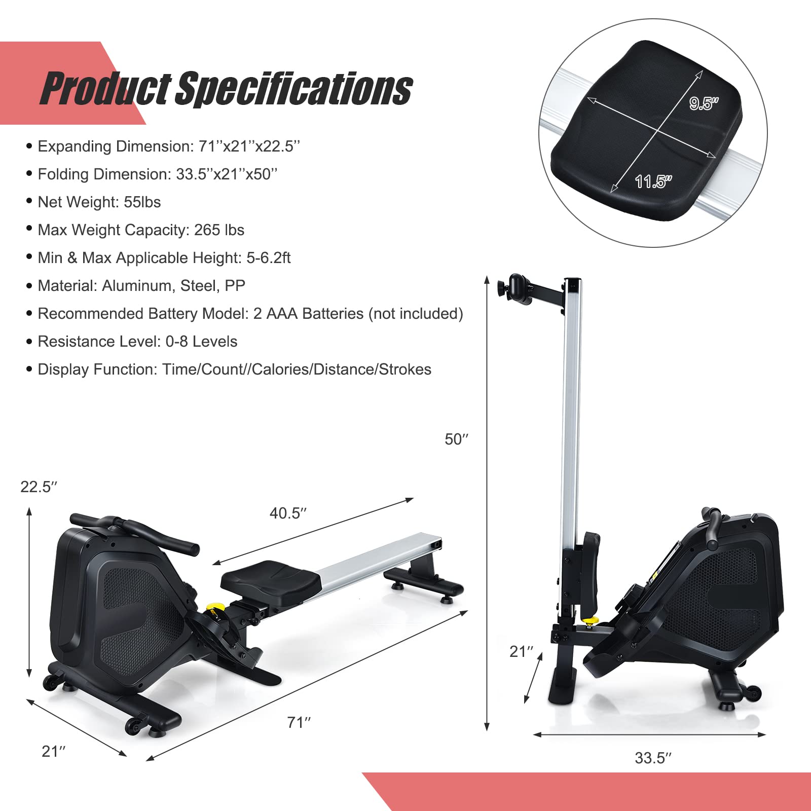 Goplus Foldable Magnetic Rowing Machine, Exercise Rower with LCD Monitor, 8 Level Adjustable Resistance, Device Holder, Transport Wheels, Full Body Exercise for Home Office Gym