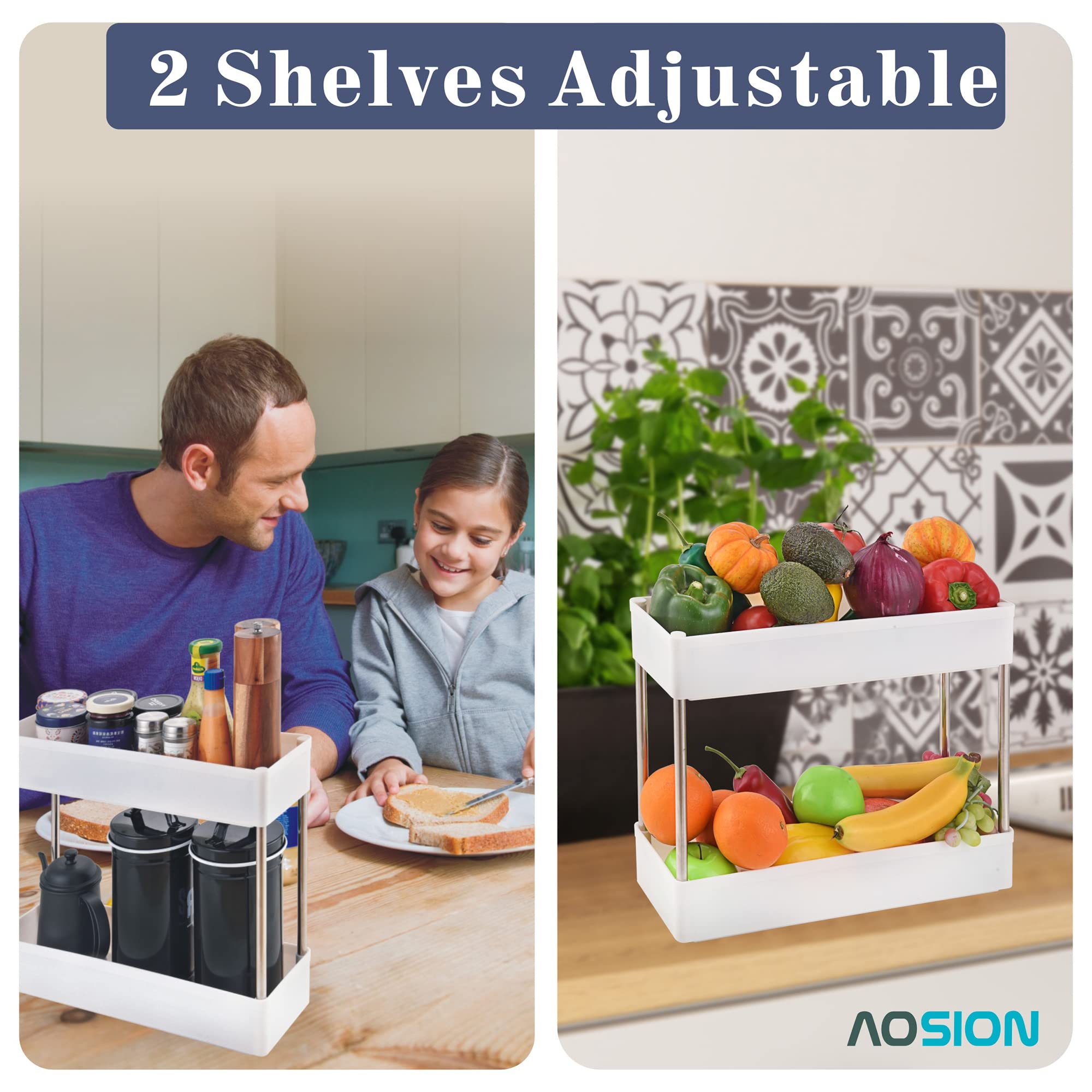 AOSION Slim Storage Cart with Wheels, White, 5.1in Width, 4-Tier Kitchen Storage Organizer, Waterproof and Rust-Proof