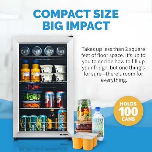 NewAir Small Cooler 2.4 Cu. Ft. Mini Fridge for Bedroom in Stainless Steel, 100 Can Capacity Beverage Refrigerator with 5 Custom Temperature Settings for Beer, Wine, Soda, and Cooler Drinks