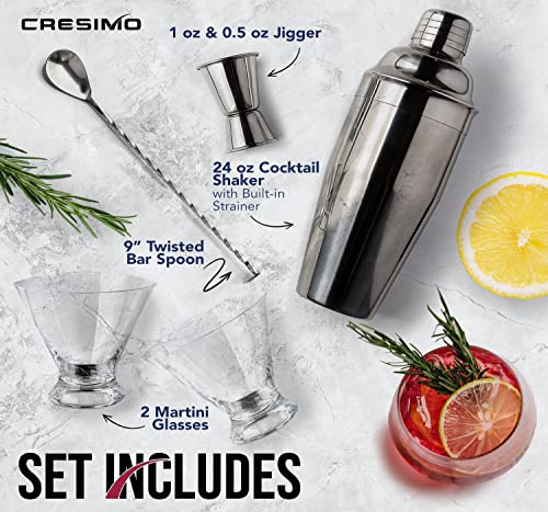 24oz Cocktail Shaker Set Bartender Kit with 2 Stemless Martini Glasses - The Perfect Mixology Home Bar Set Gift - Large Drink Mixer and Bar Accessories: Jigger, Bar Spoon and Martini Glasses - Cresimo