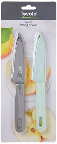 Tovolo Paring Knives Set of 2 (Mint / Gray) - Essential Small Knife Set for Cooking, Peeling, Slicing, & Precise Jobs / Includes Blade Covers for Safe Storage & Travel