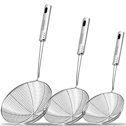 Anaeat Stainless Steel Spider Strainer Skimmer, Set of 3 Professional Kitchen Pasta Strainer Spoon with Long Handle - Asian Strainer Ladle Wire Skimmer Spoons for Cooking and Frying (4.5"+5.3"+6.1")
