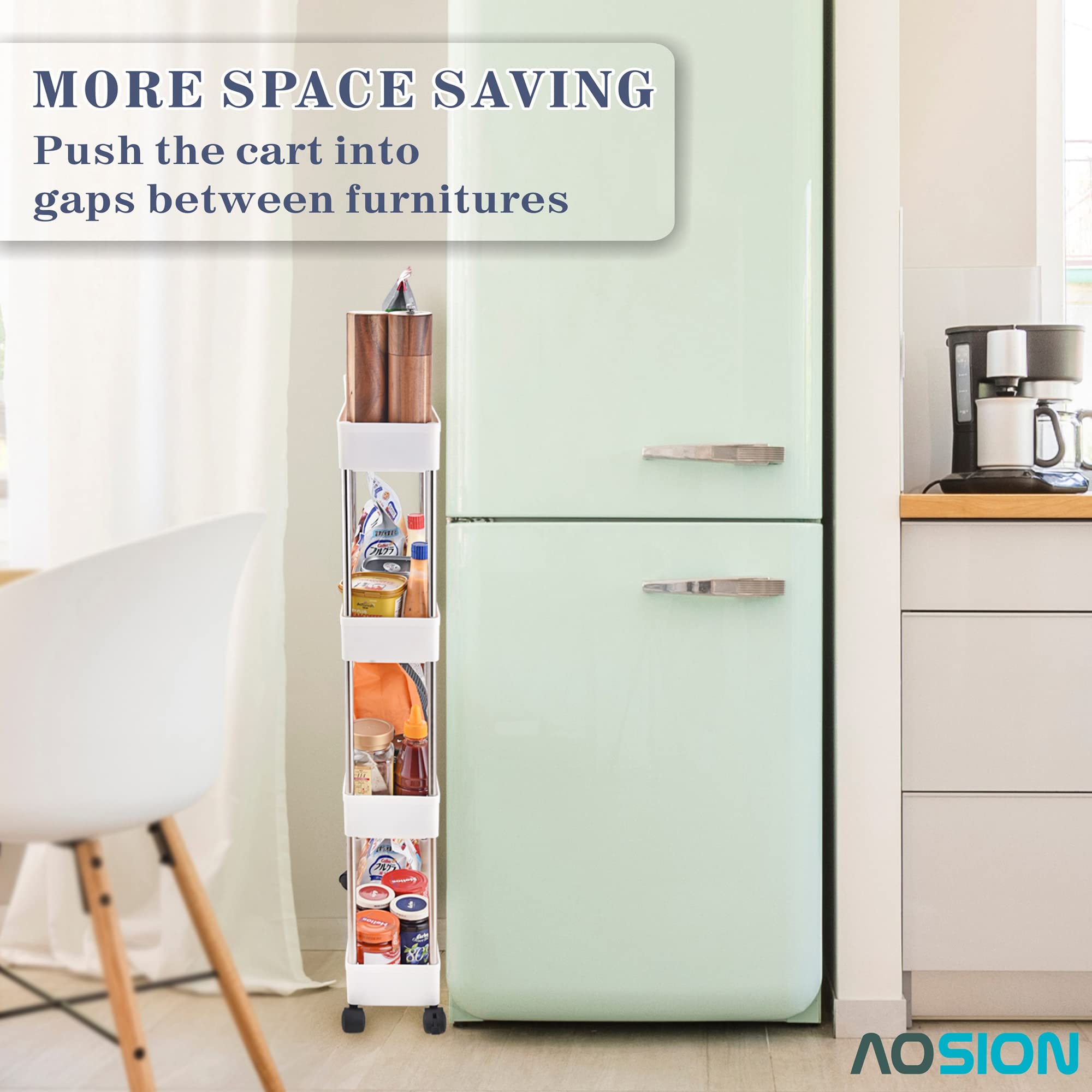AOSION Slim Storage Cart with Wheels, White, 5.1in Width, 4-Tier Kitchen Storage Organizer, Waterproof and Rust-Proof