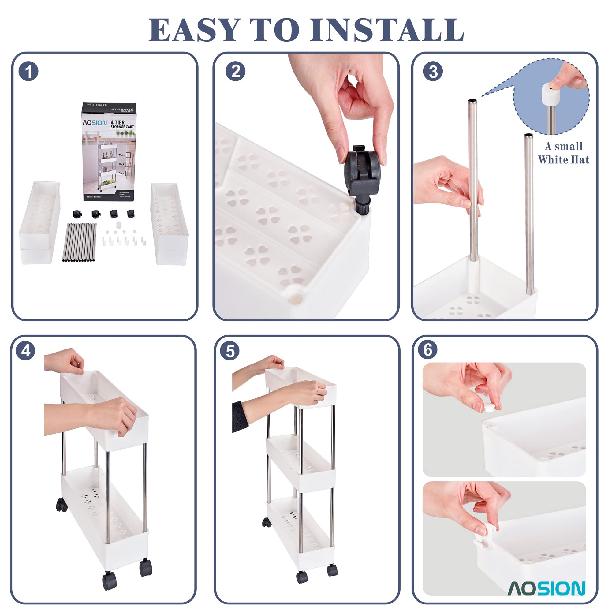 AOSION Slim Storage Cart with Wheels, White, 5.1in Width, 4-Tier Kitchen Storage Organizer, Waterproof and Rust-Proof