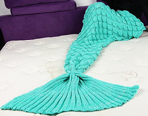 Cokle Adult Mermaid Tail Fish Scales Blanket Soft Knit Crochet Sleep Blankets for Bedroom Sofa 70"x36" Green