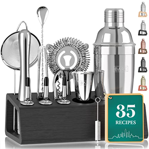 Deluxe Mixology Bartender Kit Bar Set | 14-Piece Martini Cocktail Shaker Set | Professional Barware Mixing Tools for Home Bartending | Bamboo Stand Recipe Cards | Gift Set for Him & Her (Silver Black)