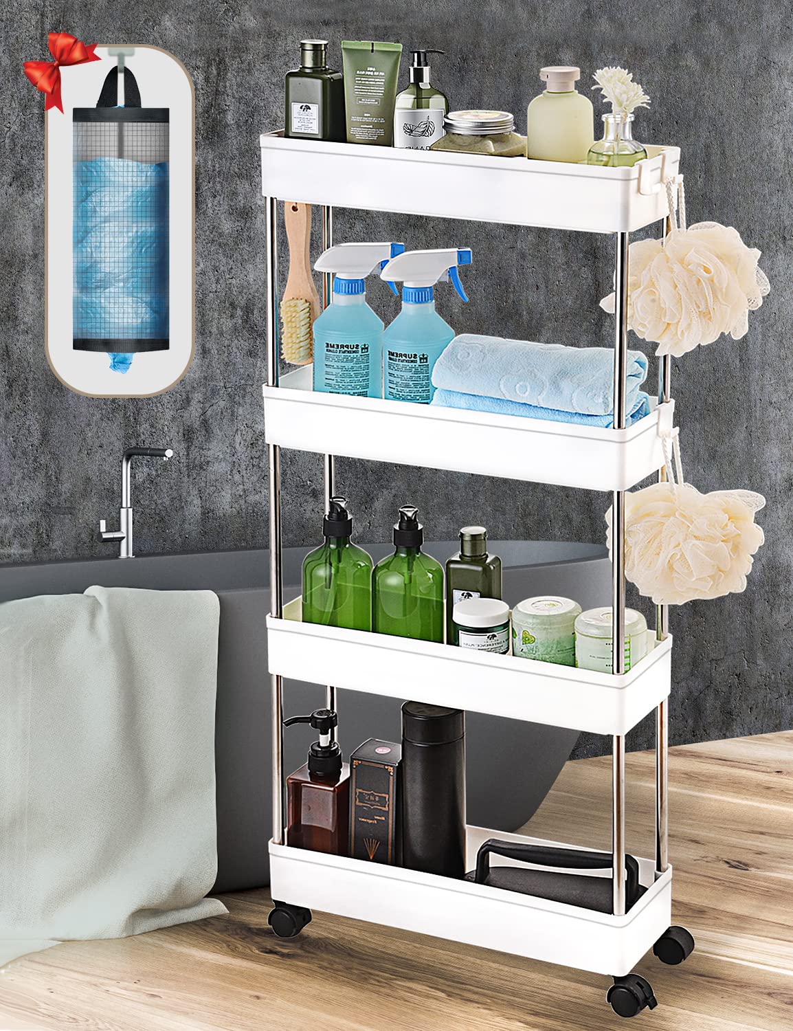 AOSION Slim Storage Cart with Wheels, White, 5.1in Width, 4-Tier Kitchen Storage Organizer, Waterproof and Rust-Proof