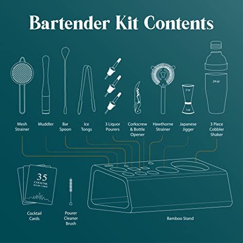 Deluxe Mixology Bartender Kit Bar Set | 14-Piece Martini Cocktail Shaker Set | Professional Barware Mixing Tools for Home Bartending | Bamboo Stand Recipe Cards | Gift Set for Him & Her (Silver Black)
