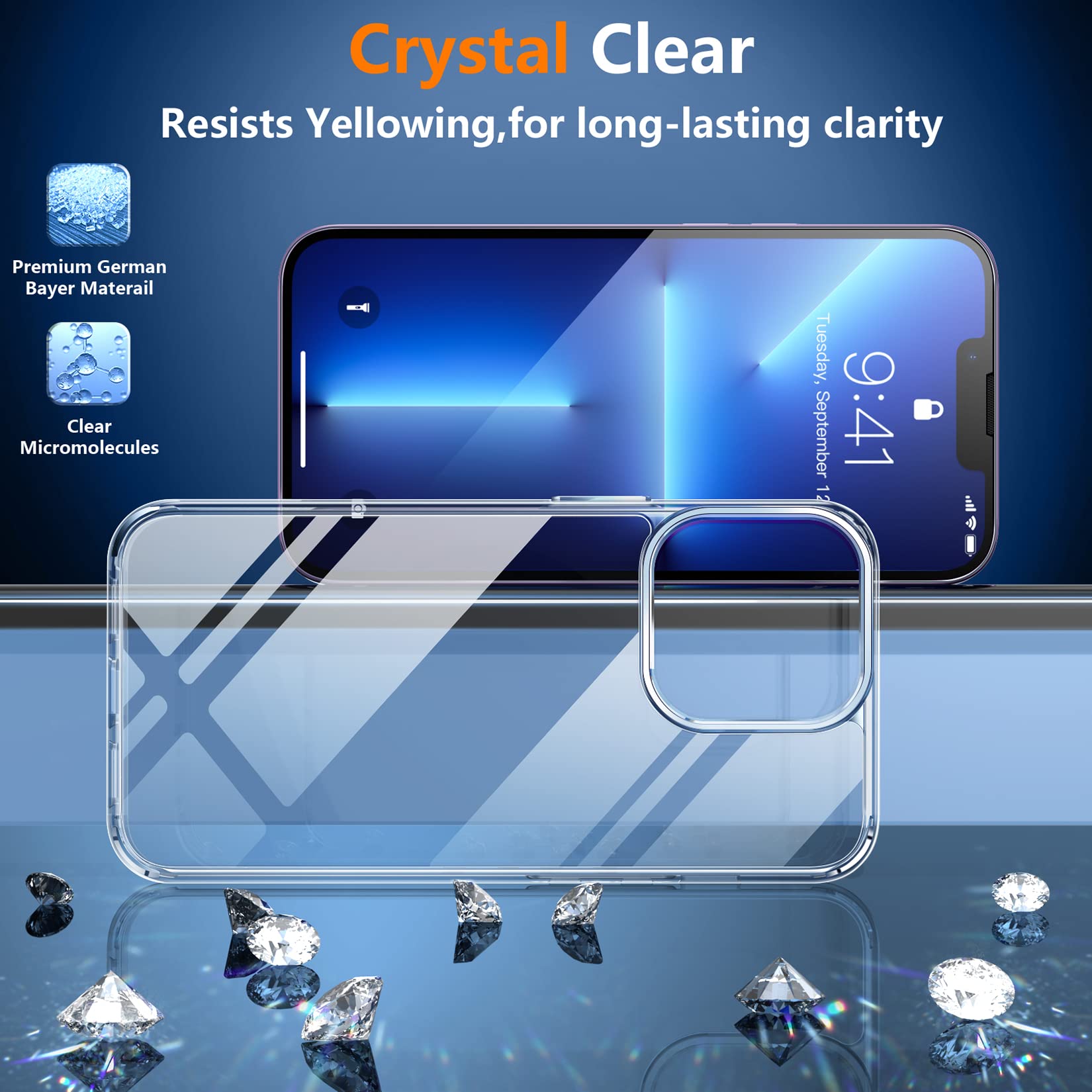 SPIDERCASE Designed for iPhone 13 Pro Max Case, [Crystal Clear Not Yellowing],with 2 Pcs [Tempered Glass Screen Protectors+Camera Lens Protectors] Slim Thin Phone Case, Clear