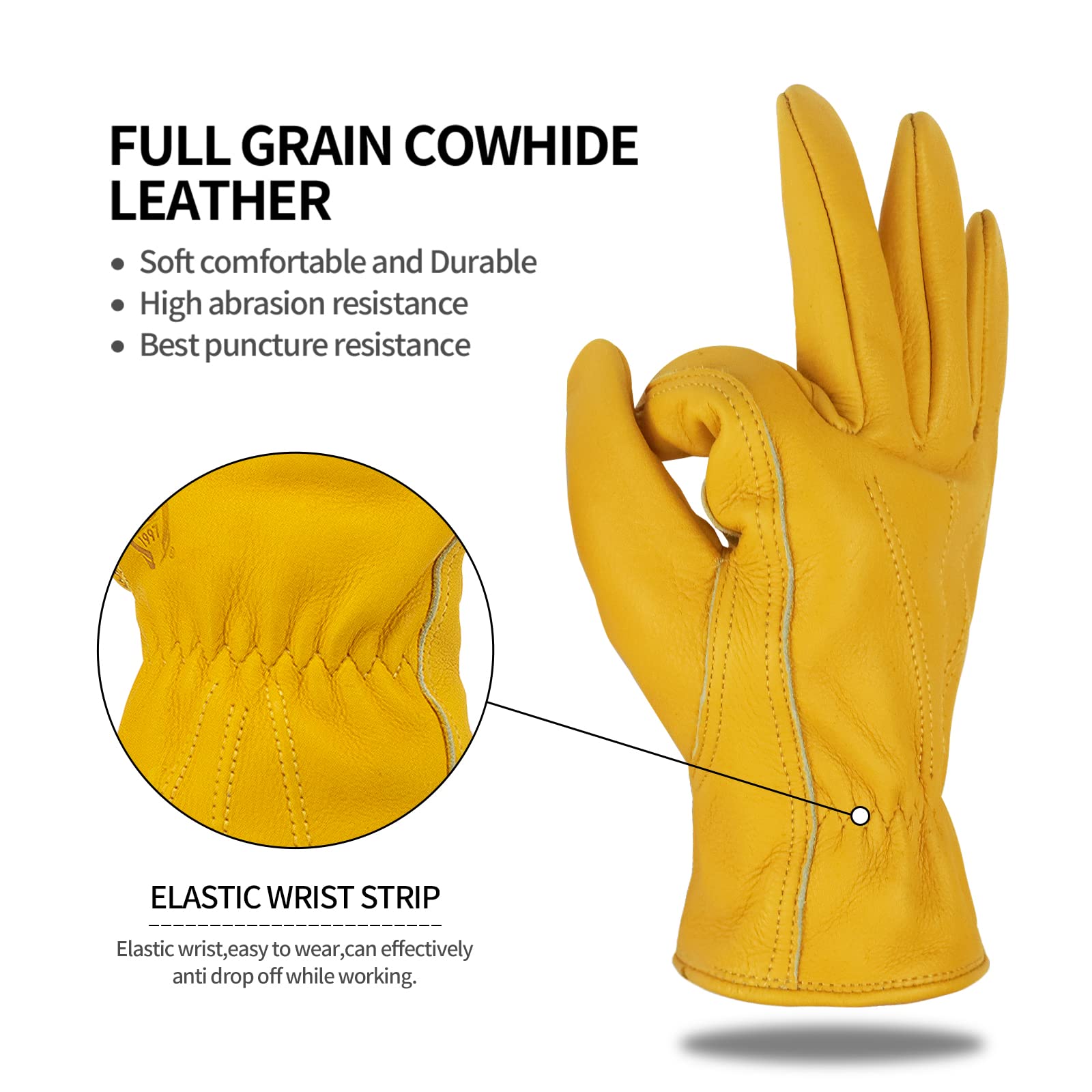 KKOYING Leather Work Gloves for Men & Women, Gardening Gloves, Reinforced Durable Cowhide Work Gloves, Puncture & Cut Resistant (Small)