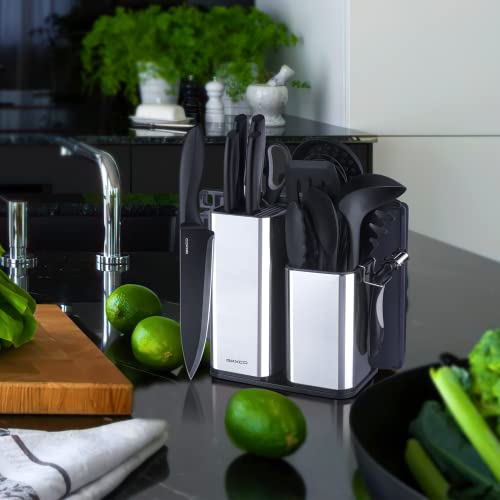 18 Pieces Black Kitchen Utensils Set Cooking Utensils Set Stainless Steel Knife Set with Block, 7 Piece Silicone Cooking Utensils Set with Scissors Vegetable Peeler Knife Sharpeners Cutting Board