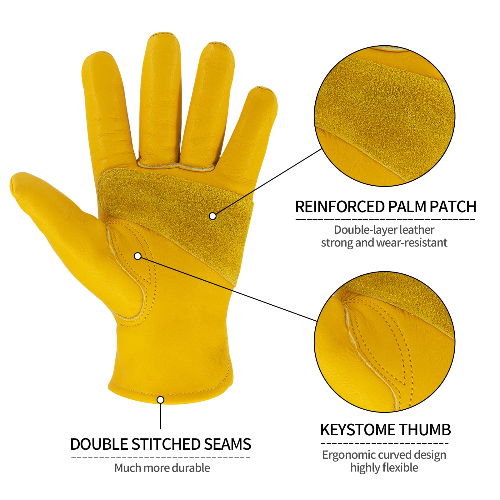 KKOYING Leather Work Gloves for Men & Women, Gardening Gloves, Reinforced Durable Cowhide Work Gloves, Puncture & Cut Resistant (Small)