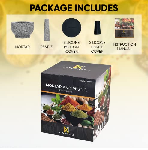 Granite Mortar and Pestle Set - Large 2 Cup Stone Grinder Guacamole Bowl and 6 Inch Pestle - Perfect for Crushing and Grinding Herbs and Spices to Maximize Flavor - Includes Silicone Covers