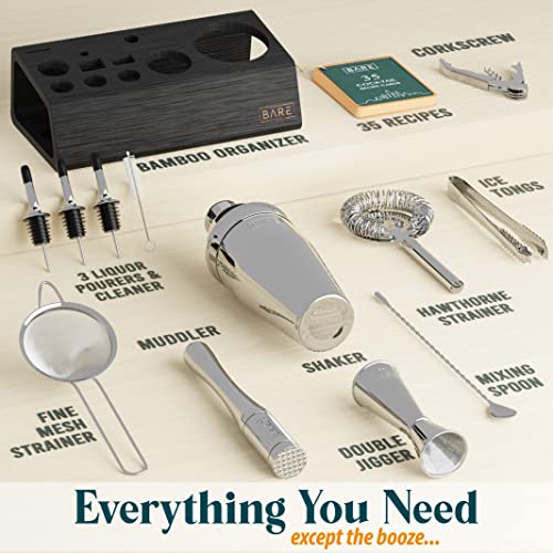 Deluxe Mixology Bartender Kit Bar Set | 14-Piece Martini Cocktail Shaker Set | Professional Barware Mixing Tools for Home Bartending | Bamboo Stand Recipe Cards | Gift Set for Him & Her (Silver Black)