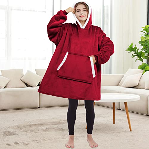 Dolloly Wearable Blanket Hoodie Super Soft Cozy Unisex Sherpa Blanket, Oversized Sweatshirt Wine Red One Size
