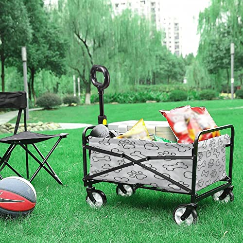 Collapsible Wagon Cart Pet Dog Footprints Heart and Bone Black Outline on a White Seamless Foldable Utility Wagon Large Capacity Garden Cart with Push Bar for Beach Camp Outdoor Shopping