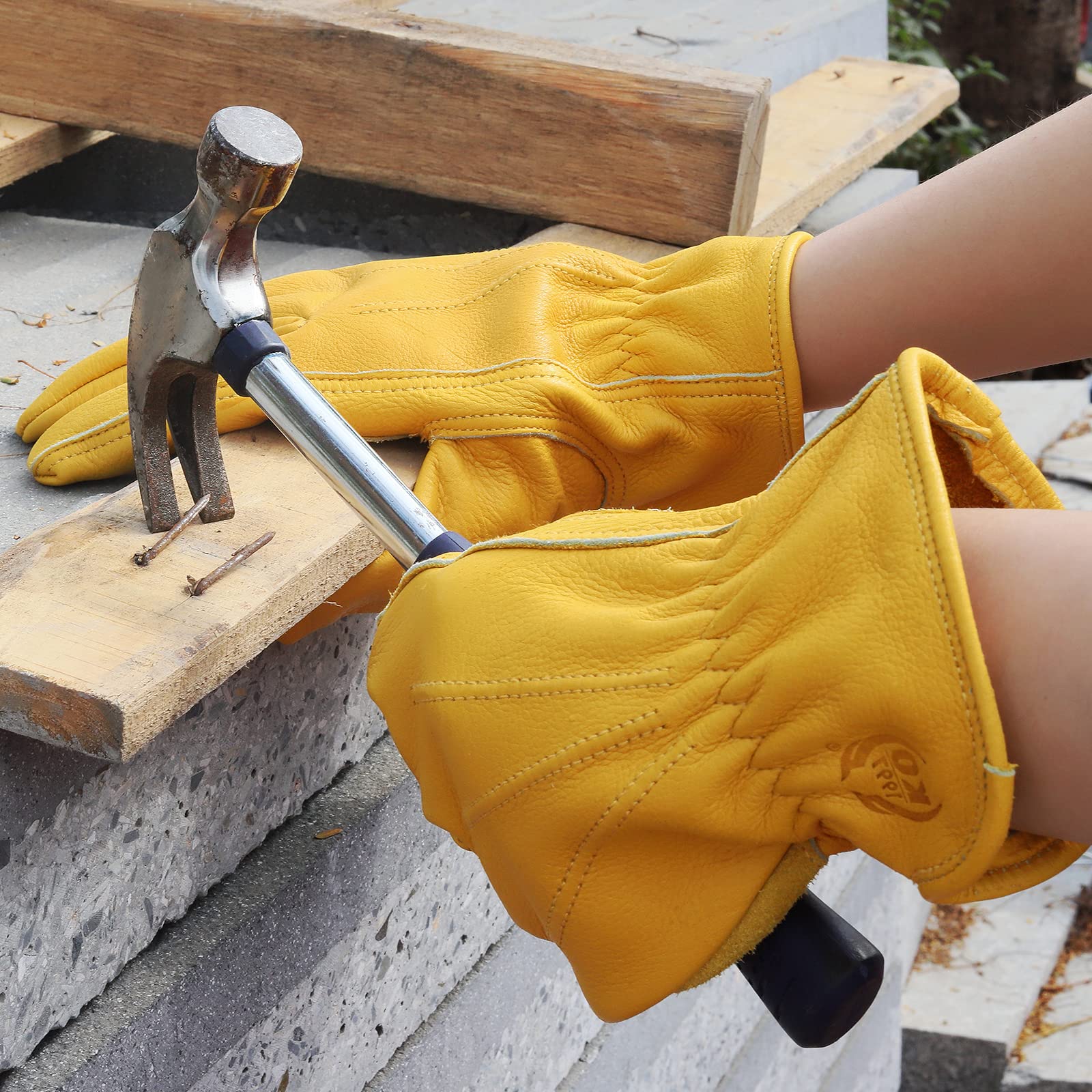 KKOYING Leather Work Gloves for Men & Women, Gardening Gloves, Reinforced Durable Cowhide Work Gloves, Puncture & Cut Resistant (Small)