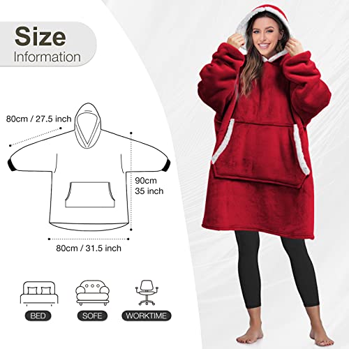Dolloly Wearable Blanket Hoodie Super Soft Cozy Unisex Sherpa Blanket, Oversized Sweatshirt Wine Red One Size