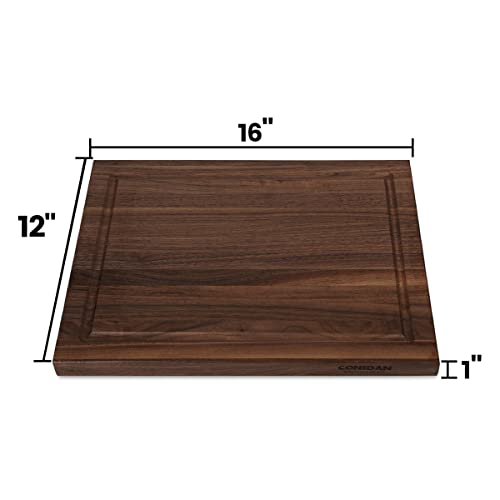 CONSDAN Black Walnut Butcher Block Cutting Board with Invisible Inner Handles, USA Grown Hardwood, 1" Thick, 16" L x 12" W