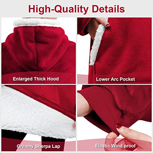 Dolloly Wearable Blanket Hoodie Super Soft Cozy Unisex Sherpa Blanket, Oversized Sweatshirt Wine Red One Size