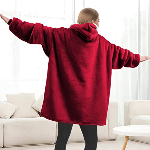 Dolloly Wearable Blanket Hoodie Super Soft Cozy Unisex Sherpa Blanket, Oversized Sweatshirt Wine Red One Size