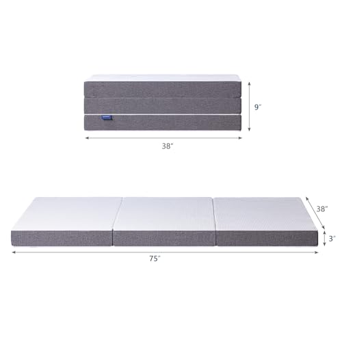 Molblly Folding Mattress, Tri-fold Gel Memory Foam Portable Mattress Topper with Washable Cover, Foldable Camping Mattress Guest Bed - Twin 75"X38"X3''