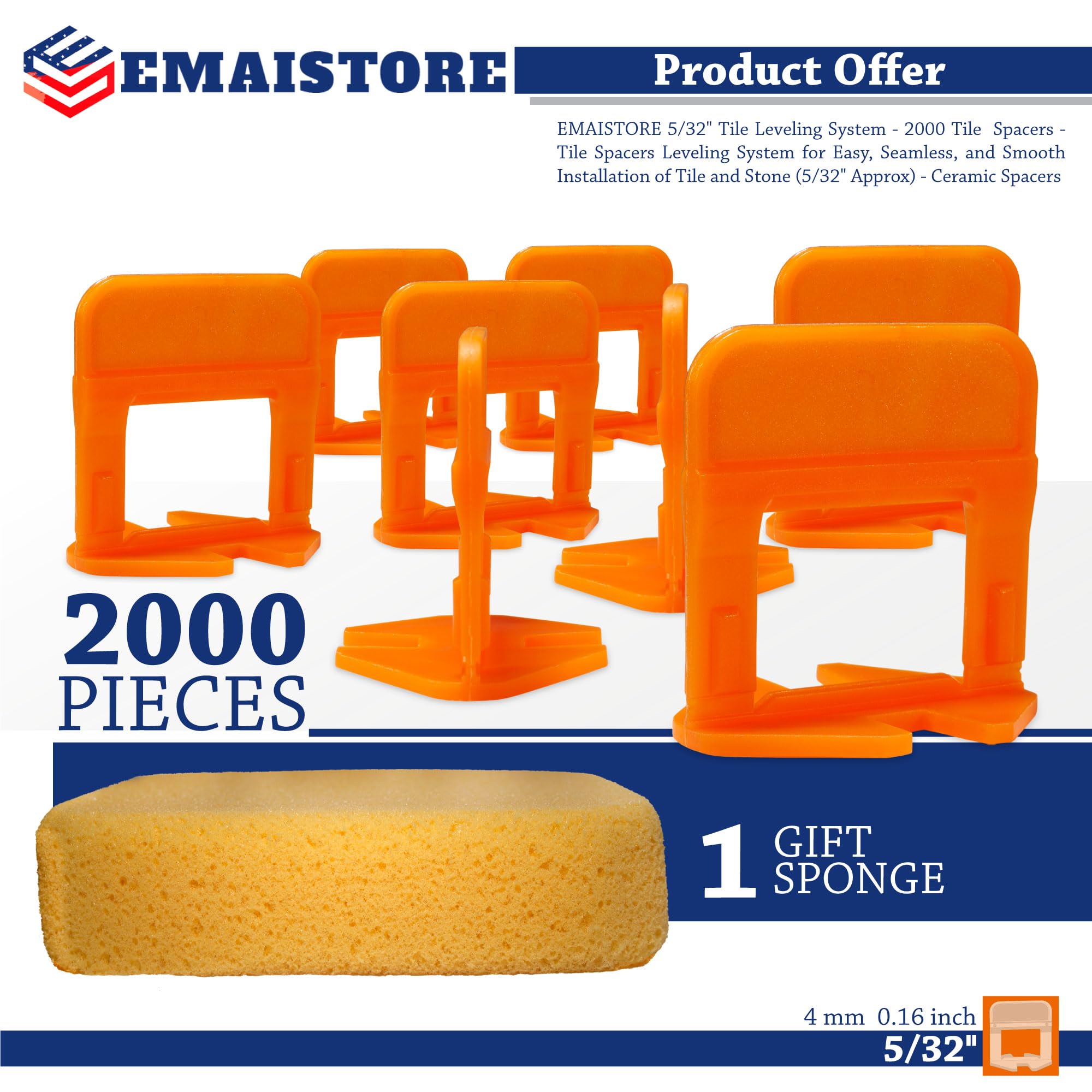 Emaistore Tile Leveling System (5/32 Inch) – 2000 Tile Spacers – Compatible with Most Wedges for Smooth, Seamless Floor & Wall Tile Installation – 4mm Ceramic & Stone Spacers