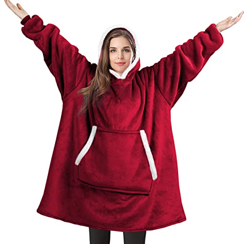 Dolloly Wearable Blanket Hoodie Super Soft Cozy Unisex Sherpa Blanket, Oversized Sweatshirt Wine Red One Size