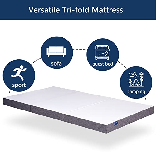 Molblly Folding Mattress, Tri-fold Gel Memory Foam Portable Mattress Topper with Washable Cover, Foldable Camping Mattress Guest Bed - Twin 75"X38"X3''
