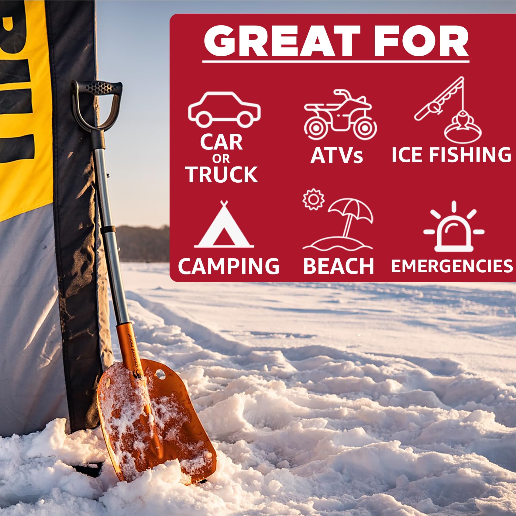 Crescent Moon Compact Collapsible Shovel: Lightweight Portable Shovel for Camping, Emergencies, Cars, Backcountry Adventures, ATVs & Snowmobiles – Essential Small Emergency Avalanche Shovel