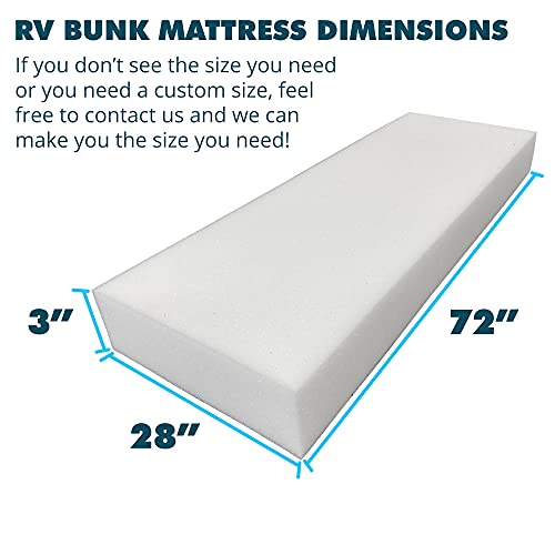 Foamma 3" x 28" x 72" High Density RV Bunk Mattress Replacement, Firm, Durable, Premium Comfort, USA Made, No Cover