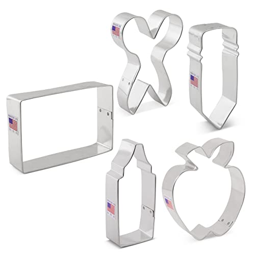 Back to School and Teacher Appreciation Cookie Cutters 5-Pc Set Made in USA by Ann Clark, Apple, Pencil, Crayon, Scissors, Paper