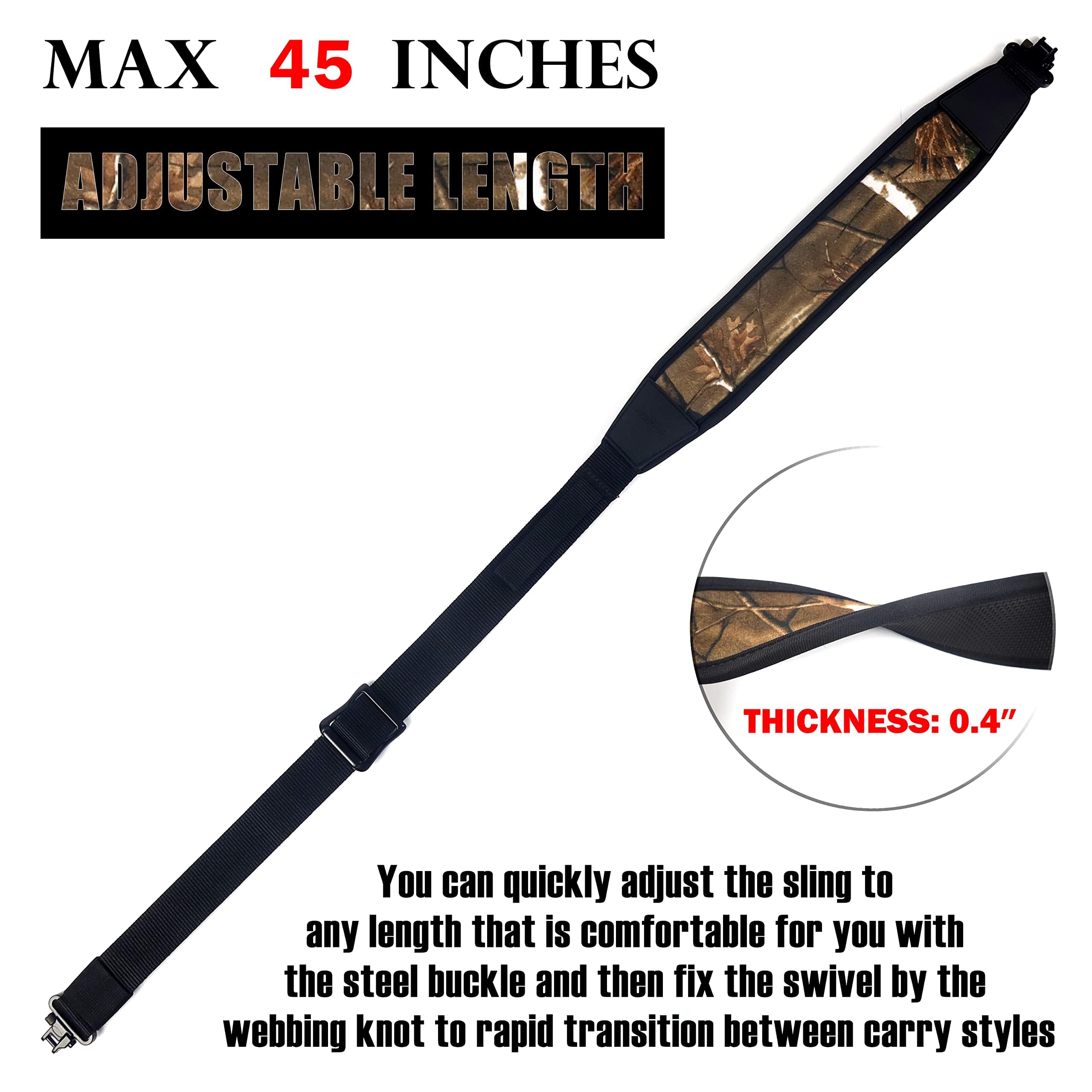 HUNTPAL 2 Point Gun Sling for Rifle Shotgun Crossbow, Hunting Gun Sling with Swivels, Quick Length Adjustment Metal Slider and Thumb Hole, Comfortable Neoprene Padded Shoulder Strap Gun Strap