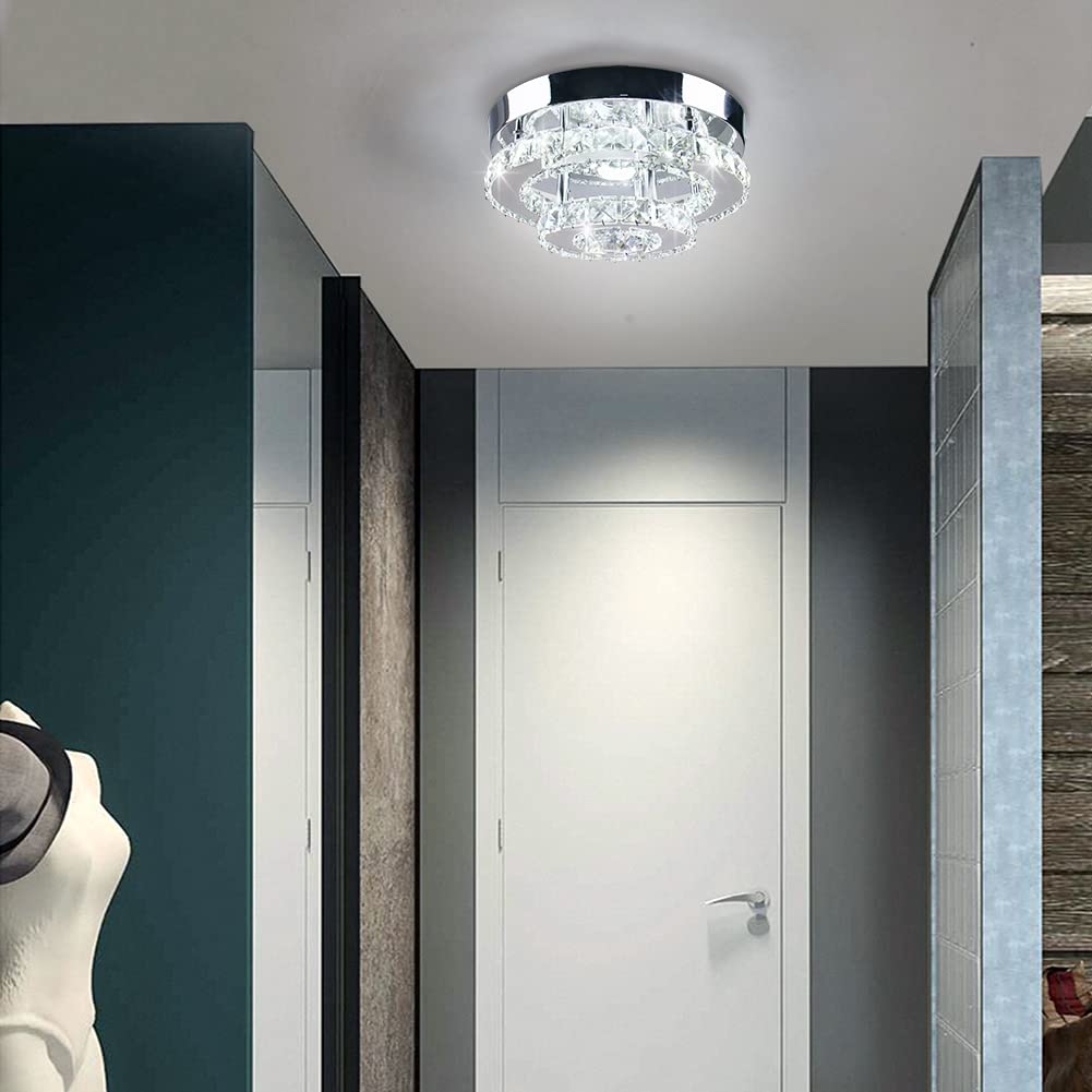 Cainjiazh Mini Chandelier LED Crystal Ceiling Light 2 Layers Flush Mount Ceiling Light Modern Chandelier Lighting for Hallway Staircase Kitchen Bathroom (Cool White)