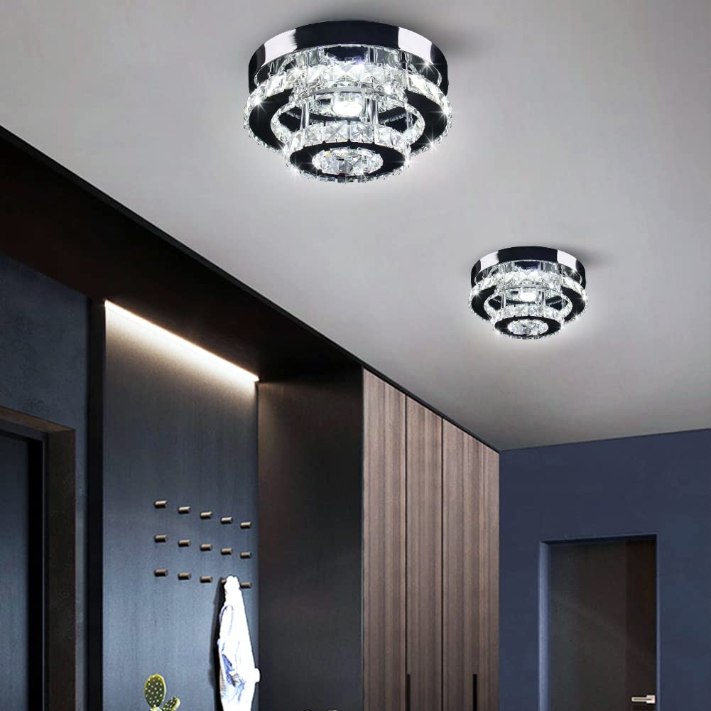 Cainjiazh Mini Chandelier LED Crystal Ceiling Light 2 Layers Flush Mount Ceiling Light Modern Chandelier Lighting for Hallway Staircase Kitchen Bathroom (Cool White)