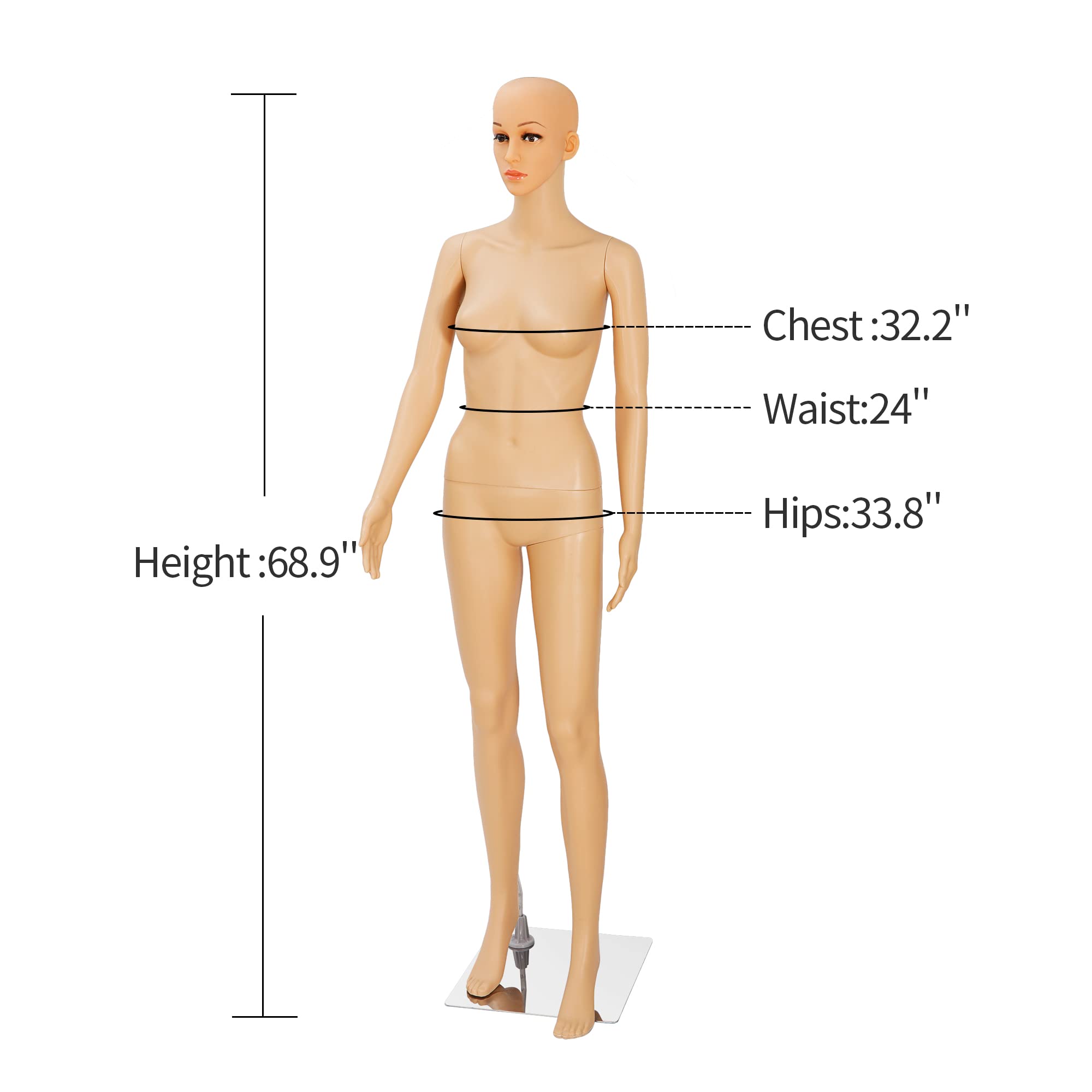 Epetlover Female Full Body Mannequin 69 Inches Dress Form Manikin Adjustable Posture Realistic Display Dress Model with Turnable Head, Metal Base