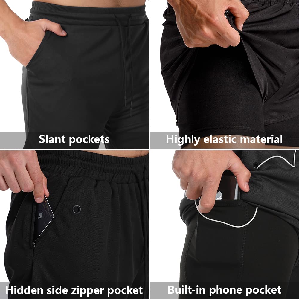 JWJ Men's Running Athletic Workout Sports Mens 2 in 1 Shorts Breathable Gym Short for Men with Pocket, Navy Meduim