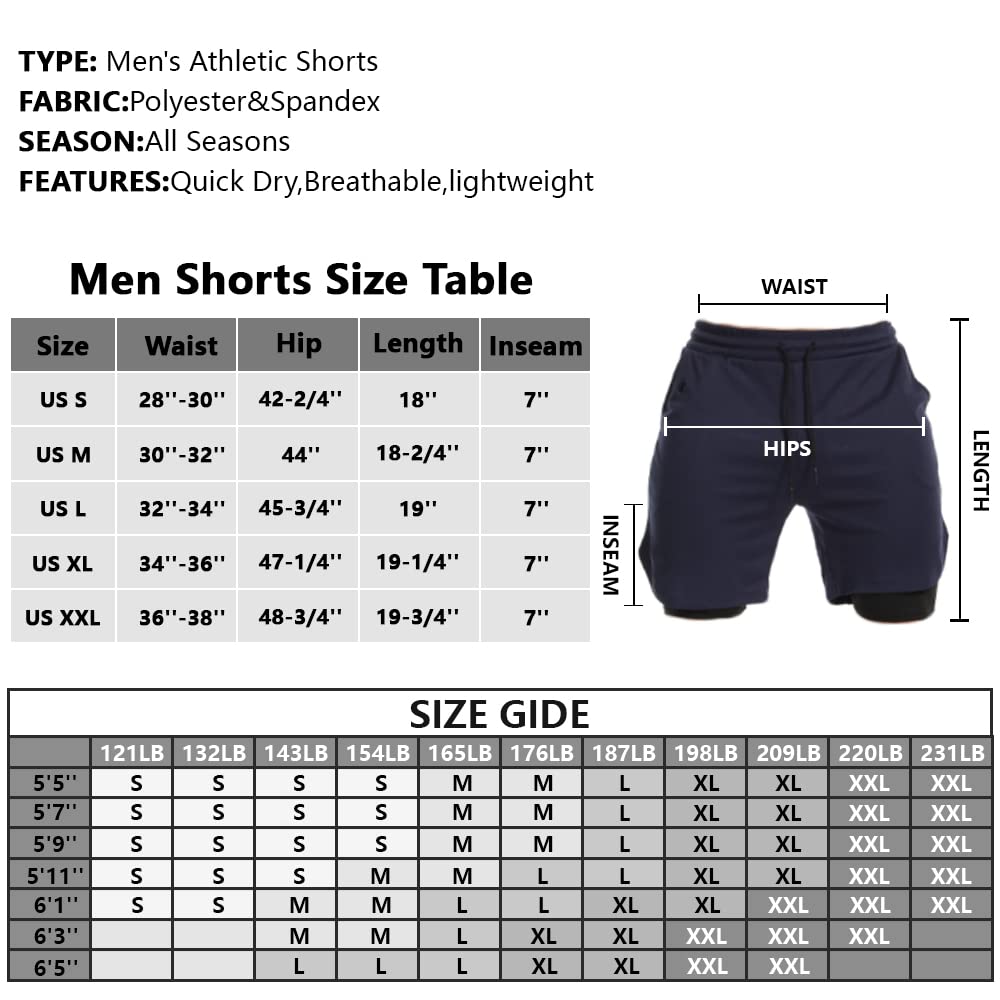 JWJ Men's Running Athletic Workout Sports Mens 2 in 1 Shorts Breathable Gym Short for Men with Pocket, Navy Meduim