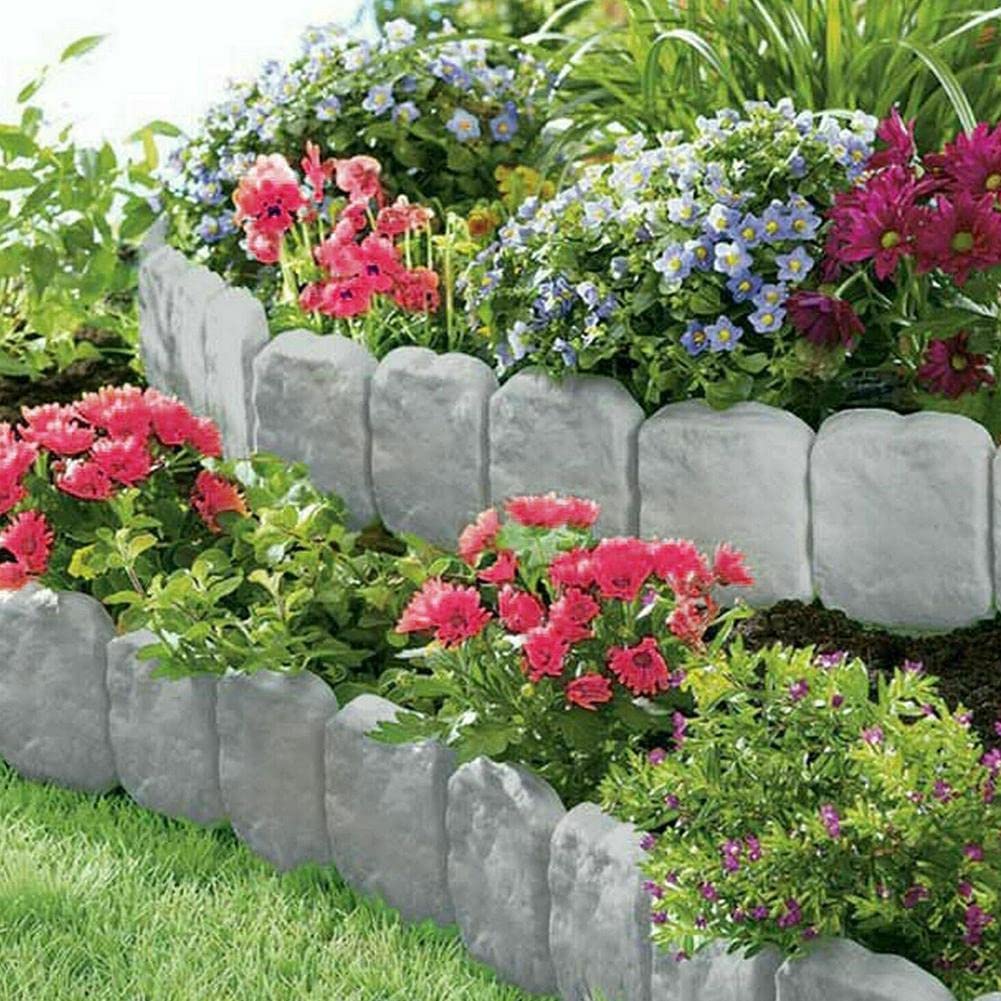 20 pcs Stone Effect Plastic Palisade Fence, Garden Border Edging Gray Stones Effect Fence in Lawn Edging Plant Border Garden Landscape Edging (Black)
