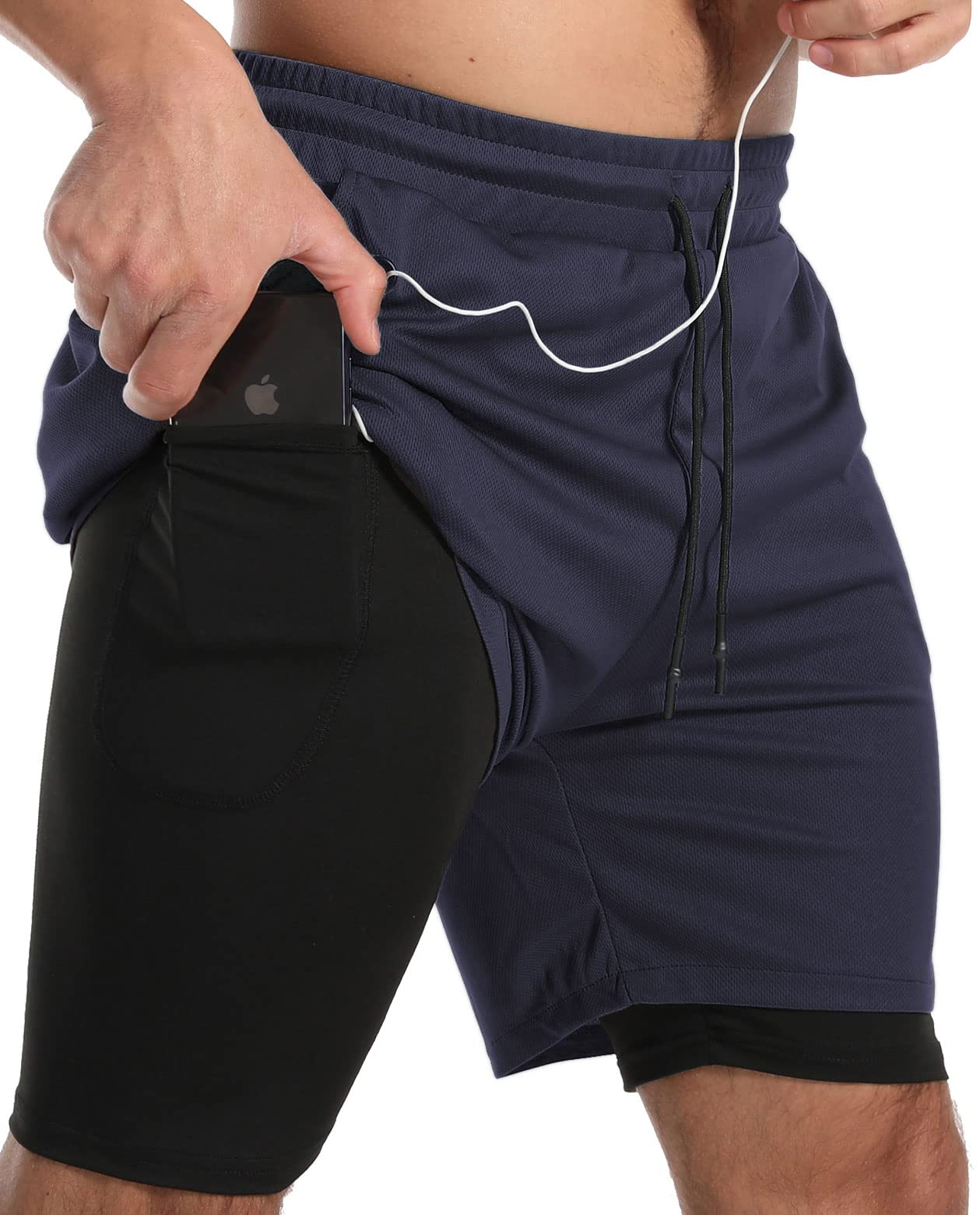 JWJ Men's Running Athletic Workout Sports Mens 2 in 1 Shorts Breathable Gym Short for Men with Pocket, Navy Meduim