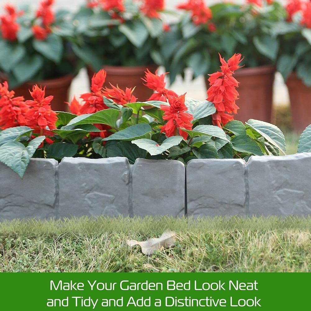 20 pcs Stone Effect Plastic Palisade Fence, Garden Border Edging Gray Stones Effect Fence in Lawn Edging Plant Border Garden Landscape Edging (Black)
